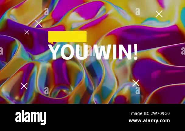 Digital animation of you win text and yellow banner against metallic ...