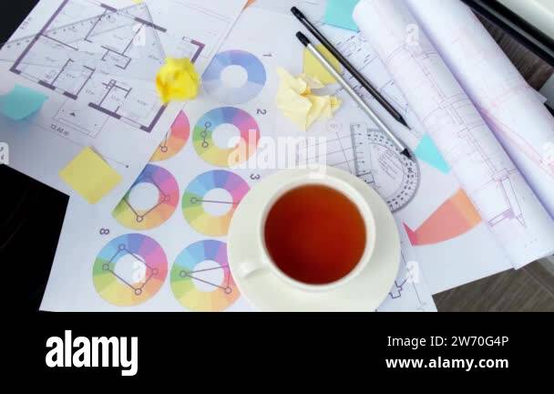 4k Architect designer Interior creative working hand using colorful ...