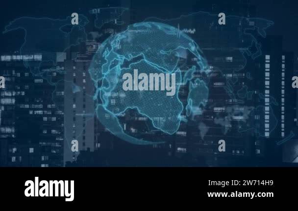 Composition of data processing on screens over globe and world map. global connections, digital ...