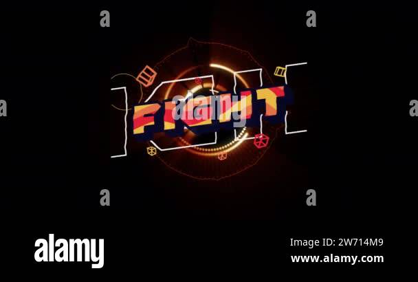 Animation of fight text in orange and red letters over spinning scope ...