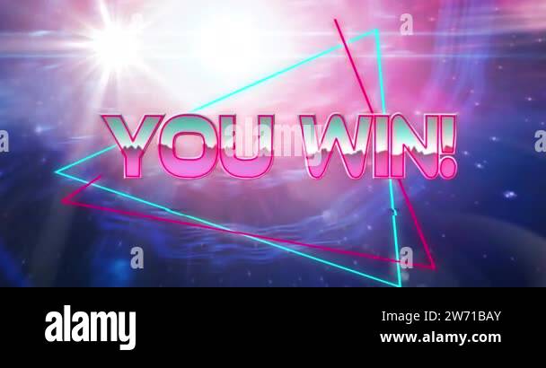 Animation of you win text in metallic letters over pink and blue ...