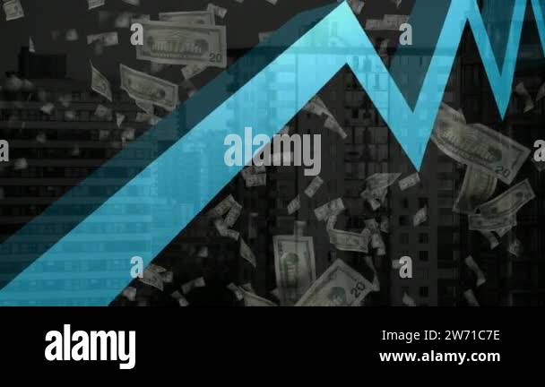 Blue graphs over american dollar bills falling against tall buildings ...