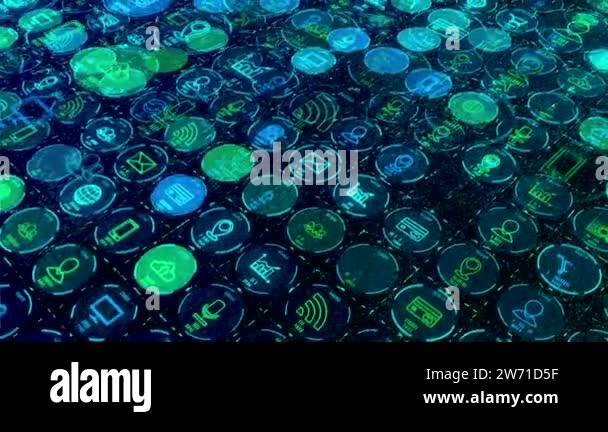 Many symmetrical rows of digital icons blinking on dark background ...