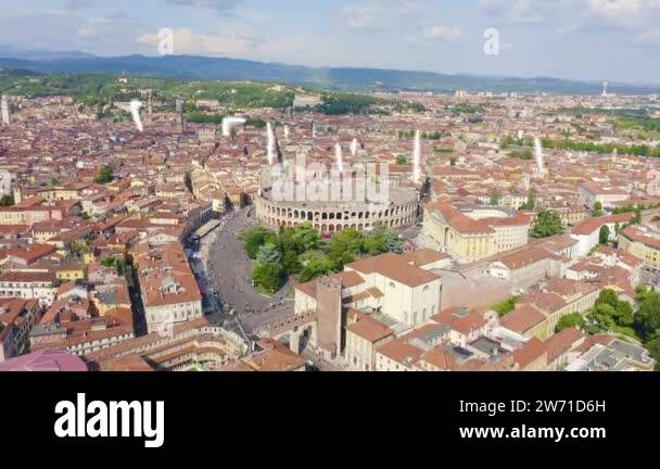Verona, Italy. Flying over the historic city center. Arena di Verona ...
