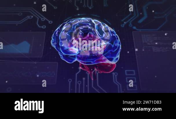 Animation of scope scanning, data processing and human brain spinning with flickering spots ...