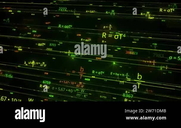 Glowing neon mathematics formulas flying chaotically on black background, seamless loop ...