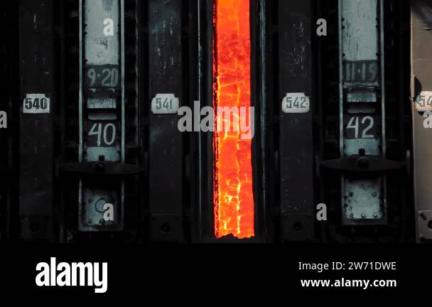 Coke oven battery. Red-hot coke in a coke oven battery. Coal coking ...