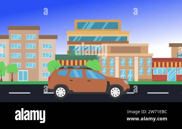 car driving rides around city side view, loop animation, flat design ...