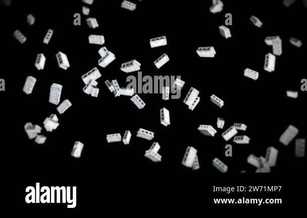 Flying many concrete bricks on black background. Miniature model ...