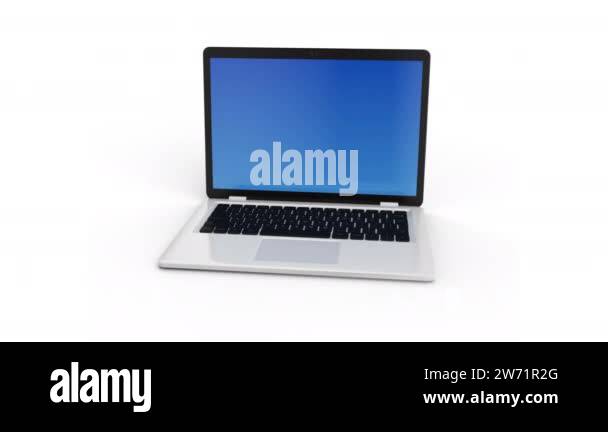 Modern laptop with blank, blue screen isolated on white background ...