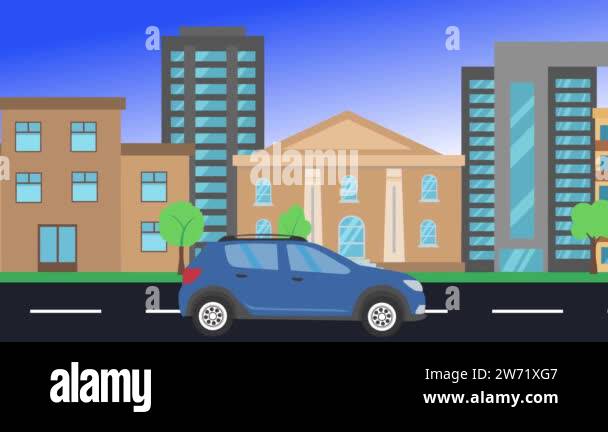 car driving rides around city side view, loop animation, flat design ...