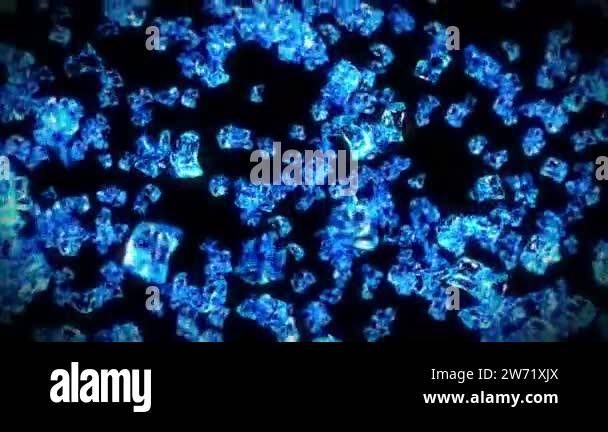 Flying many clean ice cubes on black background. Pieces of crushed ice ...