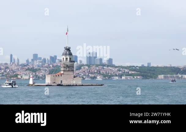 Historical Maiden's Towers at Istanbul from a ferry on the move ...
