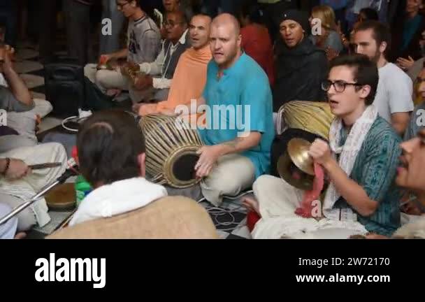 VRINDAVAN, INDIA - 11TH MARCH 2017: Hare Krishna playing Kirtan chants ...