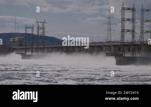 Hydroelectric power station on the Volga river. Large-scale ...