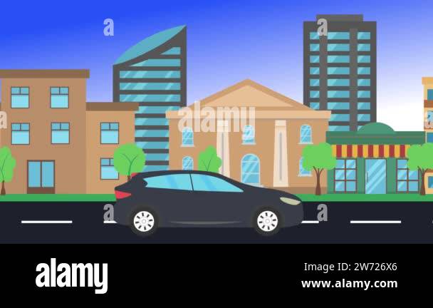 car driving rides around city side view, loop animation, flat design ...