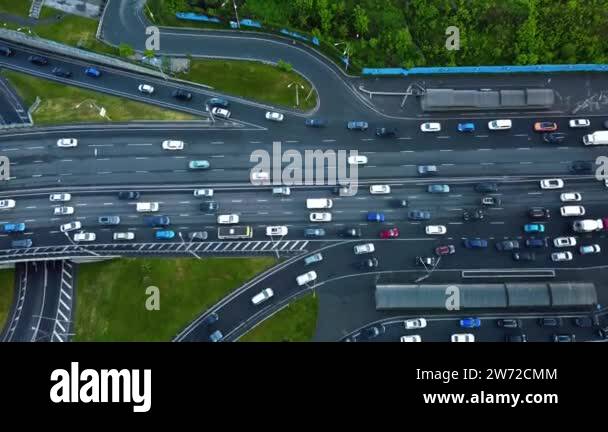 Direct view from above to the road traffic. Traffic jam at a highway ...