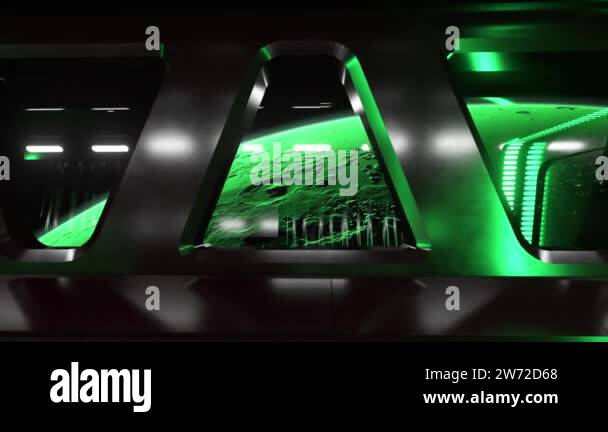 Sci-fi tunnel in outer space with neon light. Planet Mars outside the ...