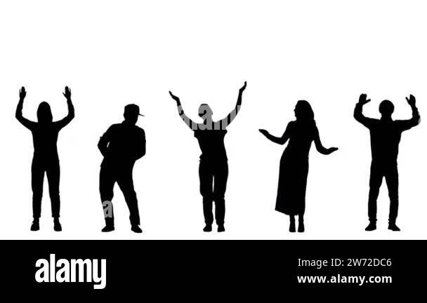Black silhouettes of a young woman and man dancing, waving and clapping ...