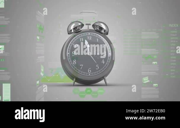 Alarm clock ticking against digital interface with data processing ...