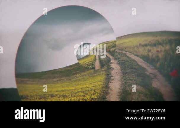 Abstract optical illusion with a natural flower field. countryside path ...