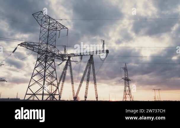 High voltage power station. Wide angle, high voltage substation with ...