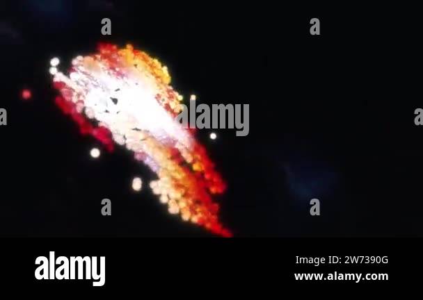 Abstract many glowing particles moving and transform into spiral galaxy ...
