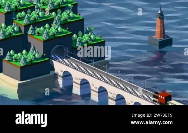 Digital animation of train carrying trees across the bridge to the ...
