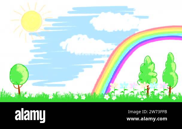 Child drawing animation looped in a circle with rainbow, sun, clouds ...