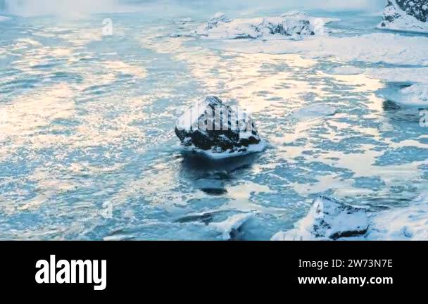 Frozen river with a huge current, Fragments of ice floating down the ...