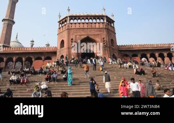 Delhi India 13 February 2018 Many People Sit On Jama Masjid Mosque