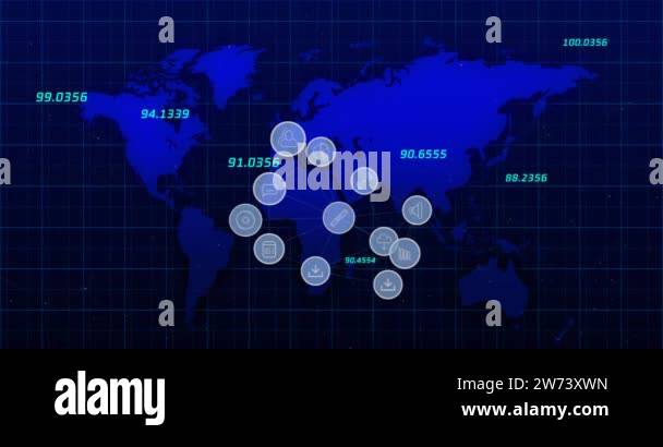 Animation of globe with icons and numbers changing over world map. global connections and ...