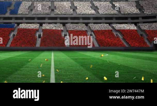Animation of confetti falling over chilean flag in empty sports stadium ...