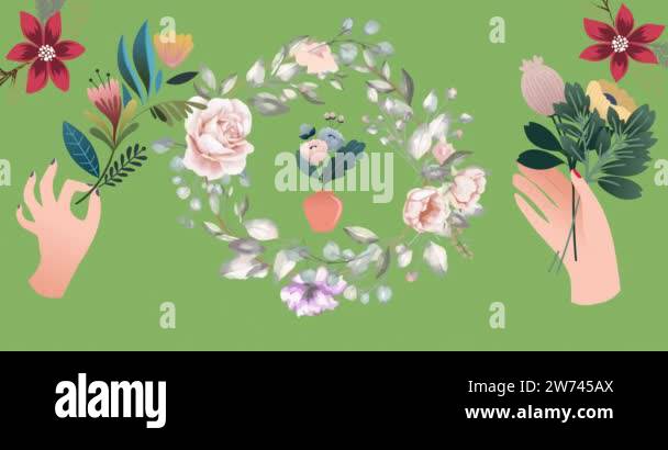 Animation of rotating garland with hands holding foliage and flowers on ...