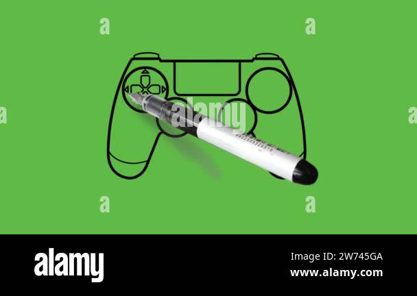 Drawing a video game remote in black, pink, yellow and grey colour ...