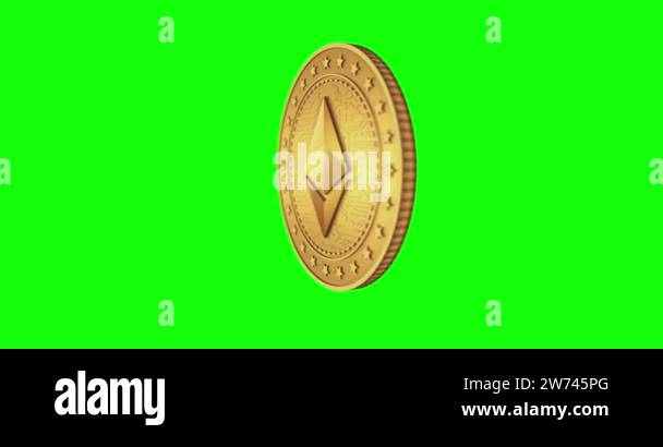 Ethereum ETH cryptocurrency isolated gold coin on green screen loopable ...