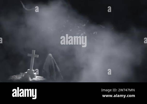 Scary Halloween Cemetery Fog with ghost appearance and Bat flying over ...