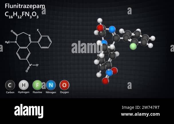 Flunitrazepam (Rohypnol) hypnotic drug molecule. Formula C16H12FN3O3 ...