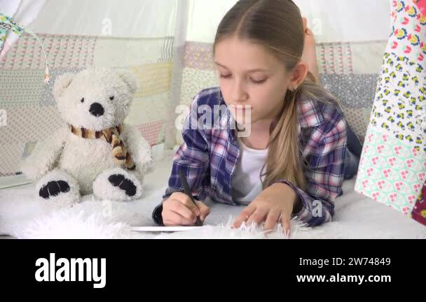 Kid Playing Tablet in Playroom, Child Writing Homework for School, Girl ...