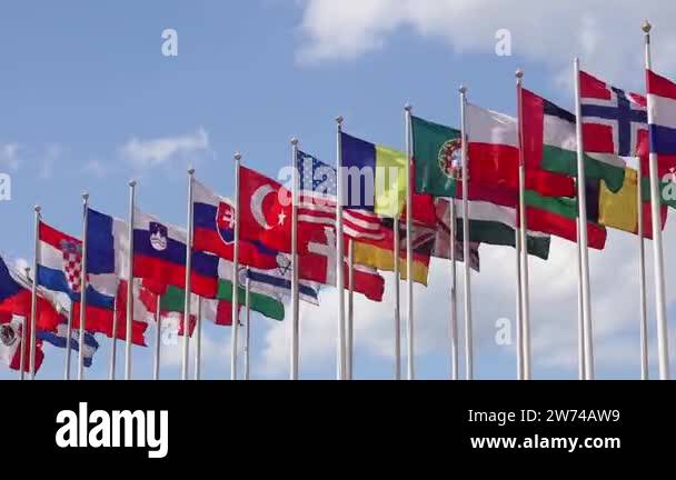 Group of flags of various states - as a symbol of world cooperation ...