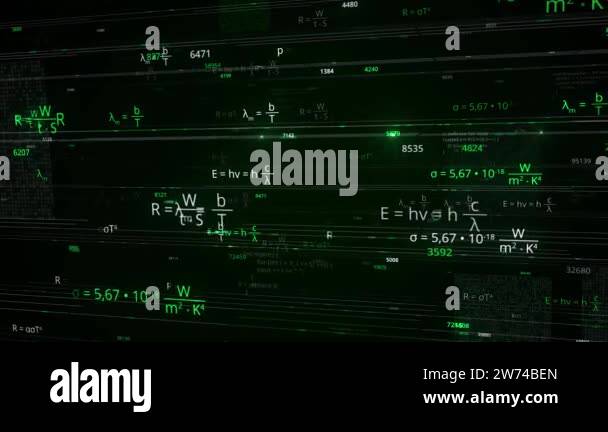 Mathematical formulas on black background. Animation. Mathematical formulas fly in computer ...