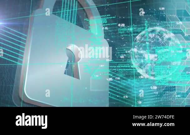 Animation of online security padlock with data processing and globe in background. global ...