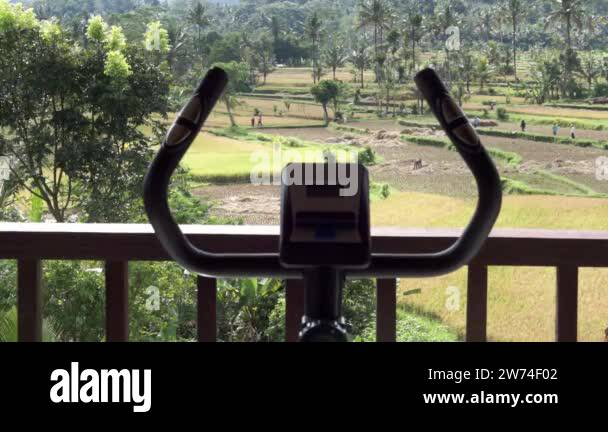 Video footage of exercise bike on the terrace with stunning views of ...