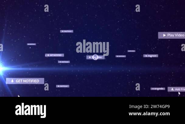 Animation of cursors over social media icons and text on multi coloured banners on night sky ...