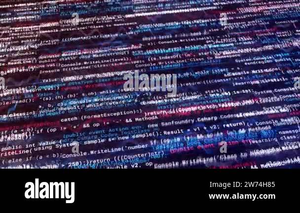 Many Narrow Lines Of Abstract Program Code Are Written Automatically On Black Background