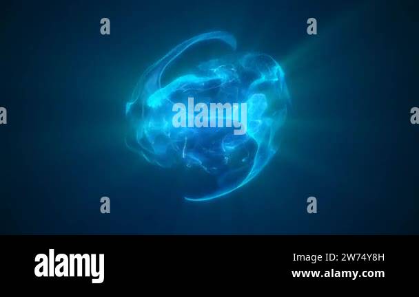 Animation neon blue energy sphere. Movement microparticles in circle ...