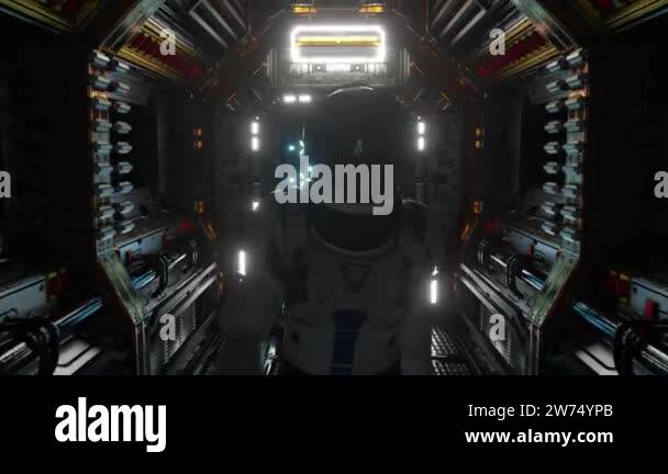 Astronaut walking in spaceship tunnel, sci-fi shuttle corridor. Futuristic abstract technology ...