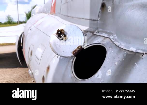 Close-up of part of the fuselage of an old military fighter jet, which ...