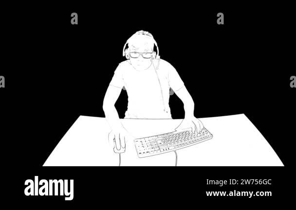 Outline white sketch of young gamer in glasses and big headphones is ...