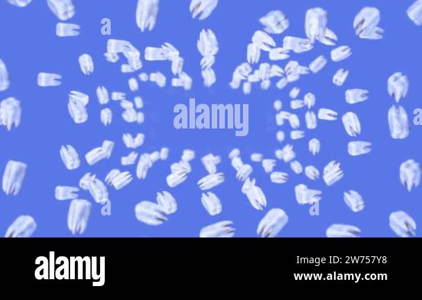 Flying many white teeth on blue background. Dental care concept. 3D ...